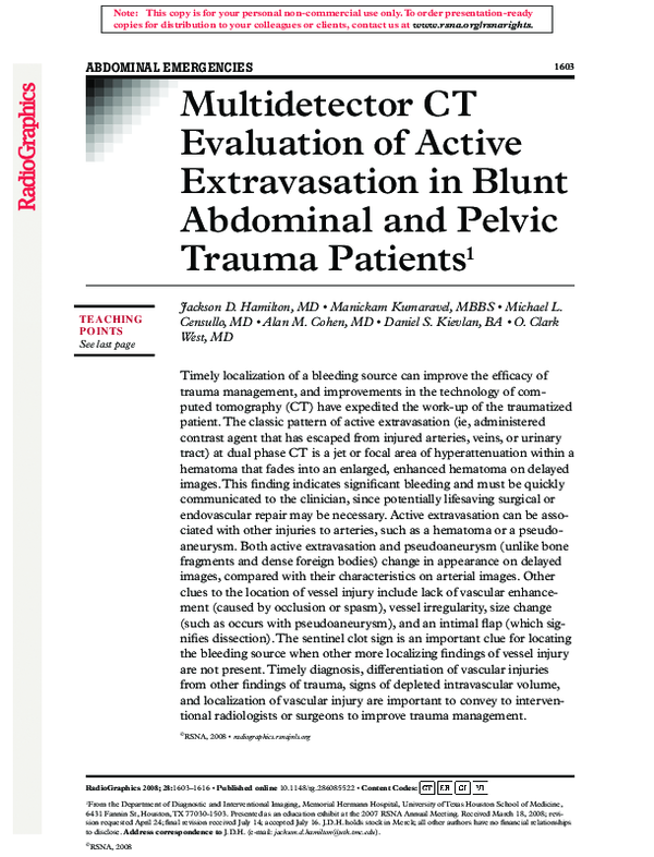 (PDF) Multidetector CT Evaluation of Active Extravasation in Blunt ...