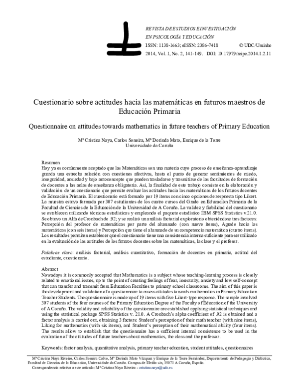 (PDF) Cuestionario sobre actitudes hacia las matemáticas en futuros ...