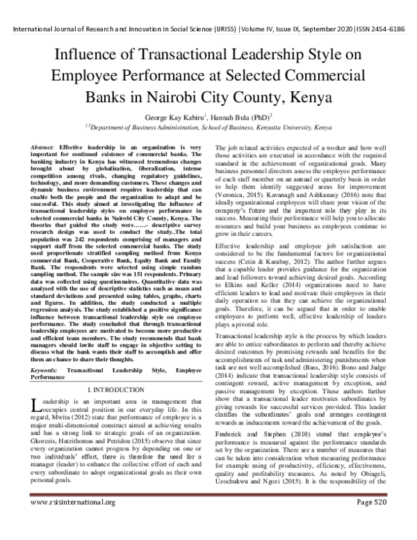 (PDF) Influence of Transactional Leadership Style on Employee ...