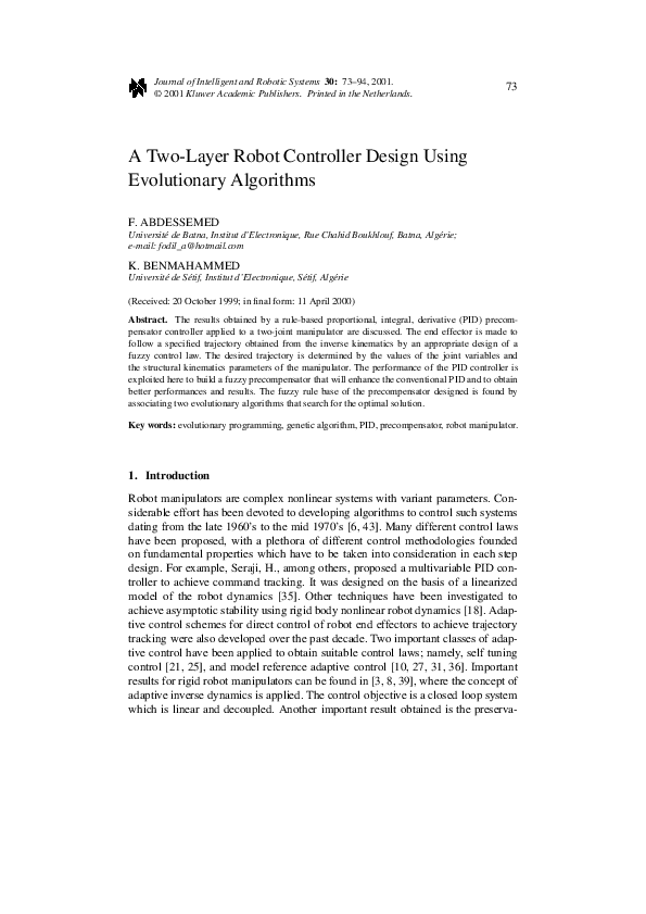 Pdf A Two Layer Robot Controller Design Using Evolutionary Algorithms