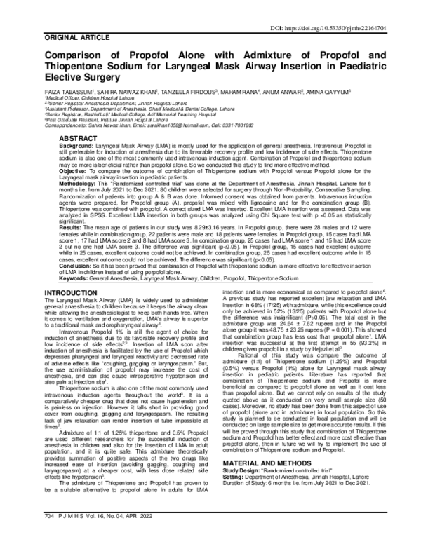 (PDF) Comparison of Propofol Alone with Admixture of Propofol and ...