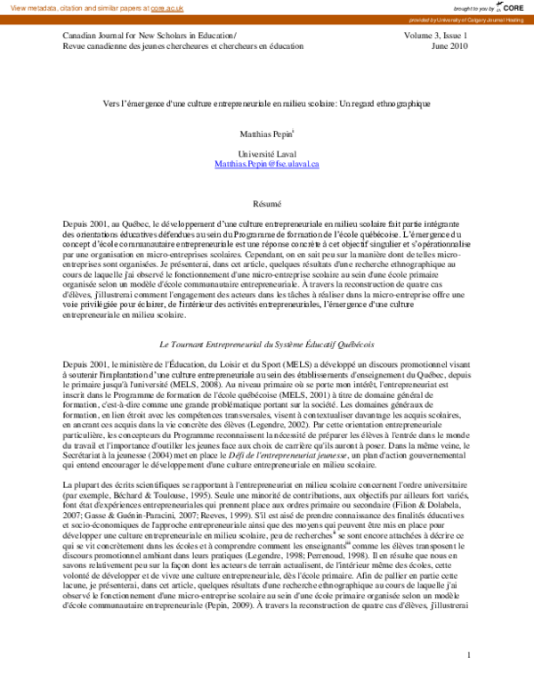 (PDF) Vers l'émergence d'une culture entrepreneuriale en milieu ...
