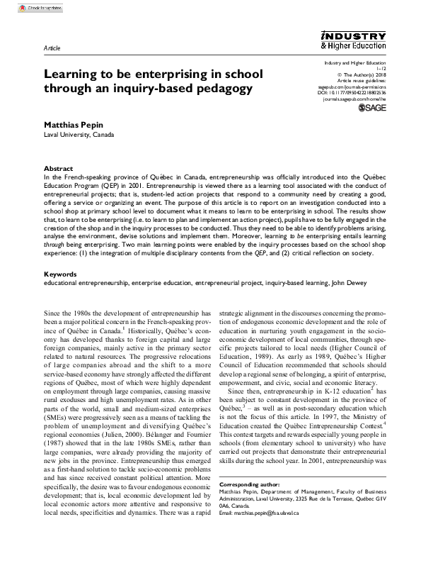 (PDF) Learning to be enterprising in school through an inquiry-based ...