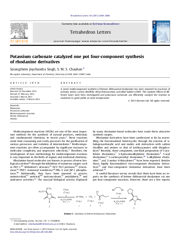 (PDF) Potassium carbonate catalyzed one pot four-component synthesis of rhodanine derivatives