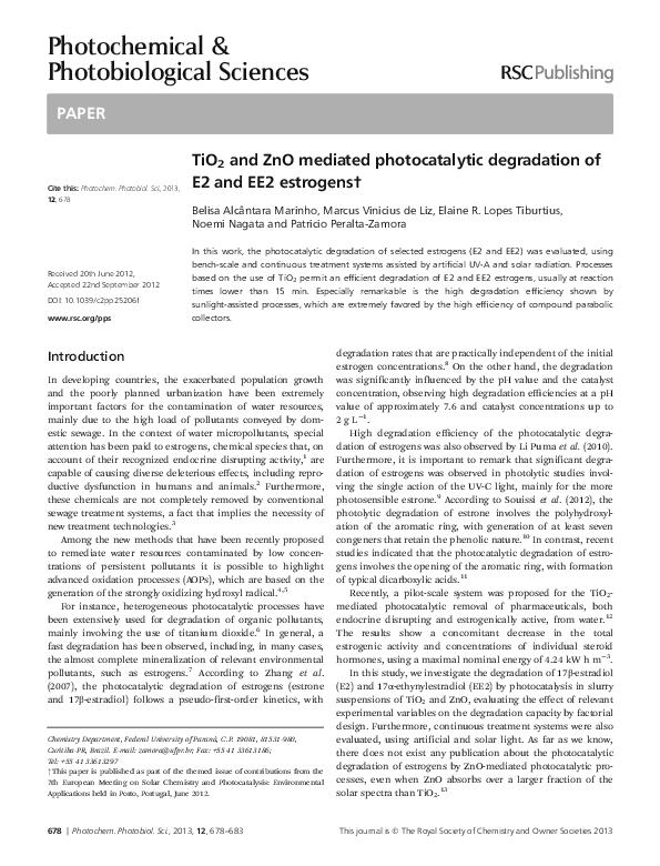 (PDF) TiO2 and ZnO mediated photocatalytic degradation of E2 and EE2 estrogens