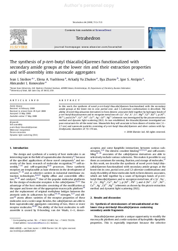 (PDF) The synthesis of p-tert-butyl thiacalix[4]arenes functionalized with secondary amide ...