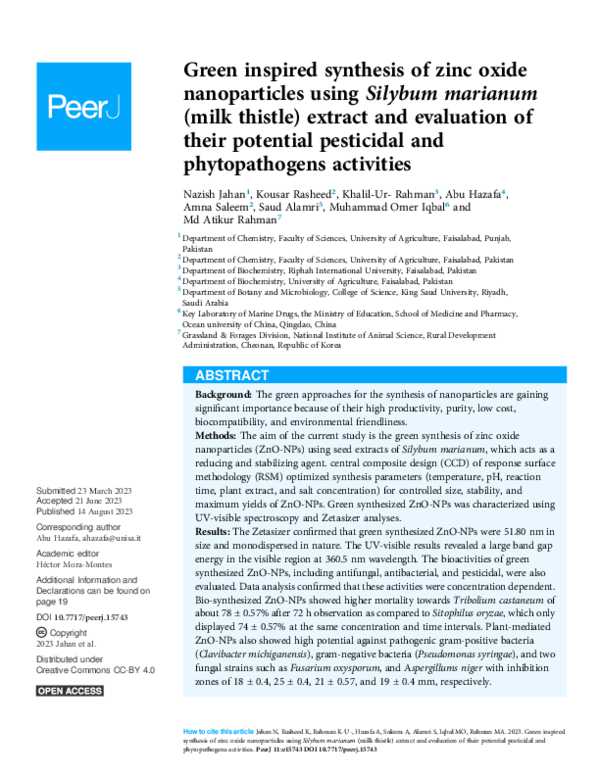 (PDF) Green inspired synthesis of zinc oxide nanoparticles using Silybum marianum (milk thistle ...