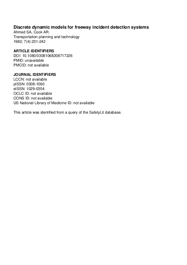 (PDF) Discrete dynamic models for freeway incident detection systems