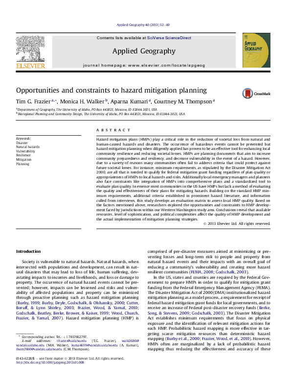 (PDF) Opportunities and constraints to hazard mitigation planning
