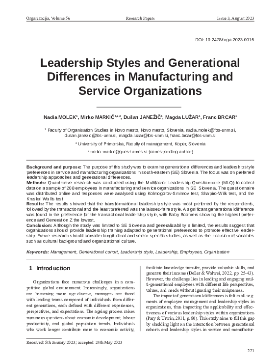 (PDF) Leadership Styles and Generational Differences in Manufacturing ...