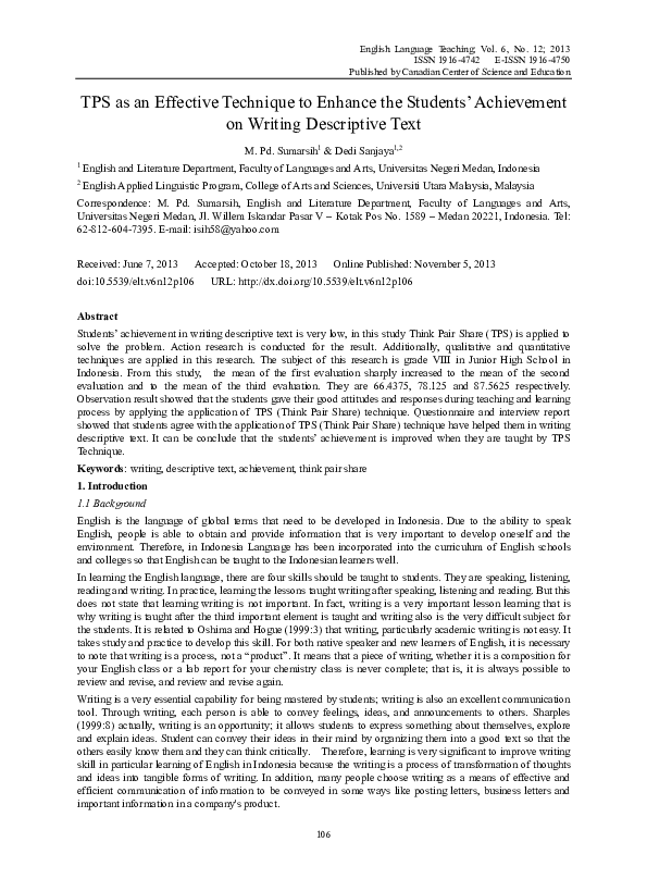 (PDF) TPS as an Effective Technique to Enhance the Students’ Achievement on Writing Descriptive Text