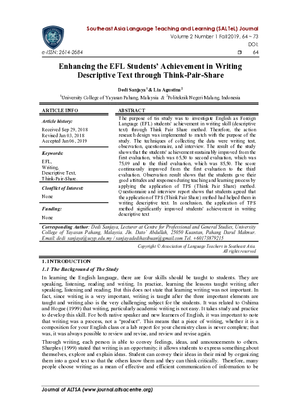 (PDF) Enhancing the EFL Students’ Achievement in Writing Descriptive Text through Think-Pair-Share