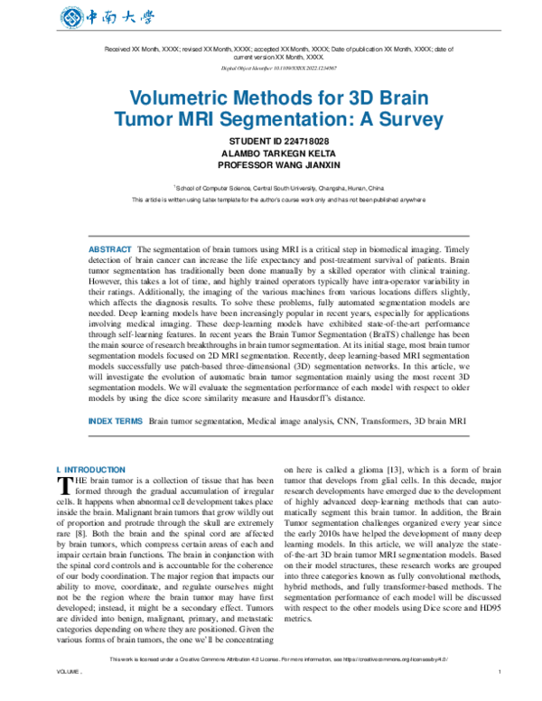 Pdf Volumetric Methods For 3d Brain Tumor Mri Segmentation A Survey