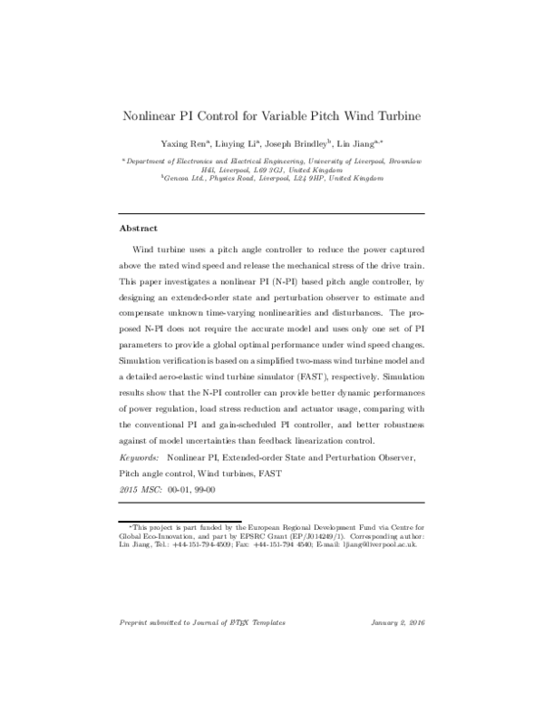 (PDF) Nonlinear PI control for variable pitch wind turbine