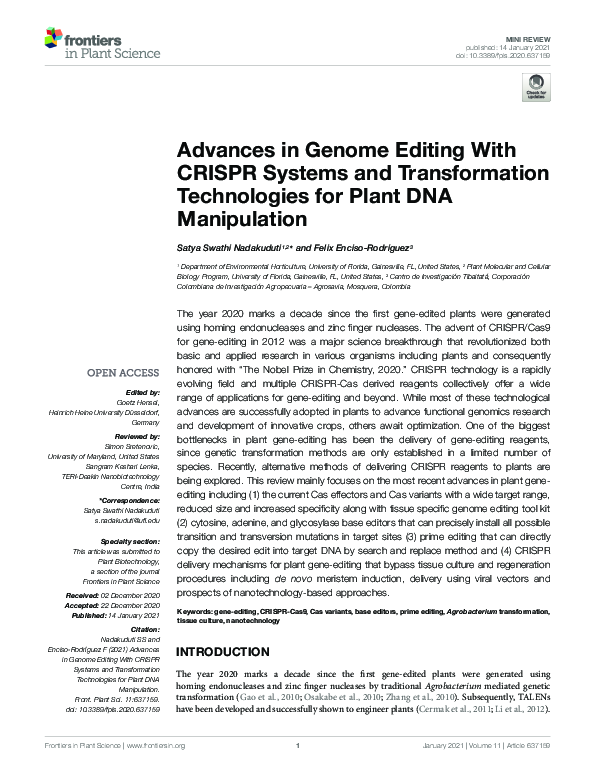 (PDF) Advances in Genome Editing With CRISPR Systems and Transformation ...