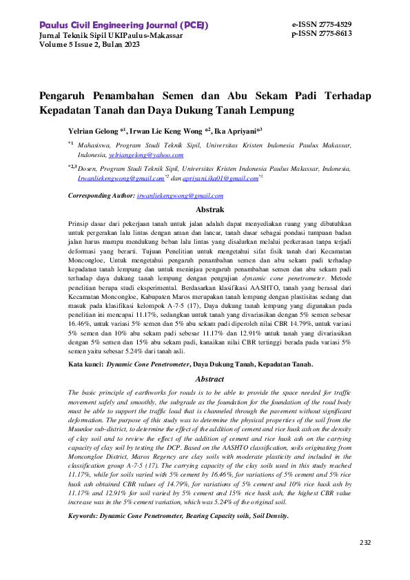 (PDF) Pengaruh Penambahan Semen dan Abu Sekam Padi Terhadap Kepadatan Tanah dan Daya Dukung ...