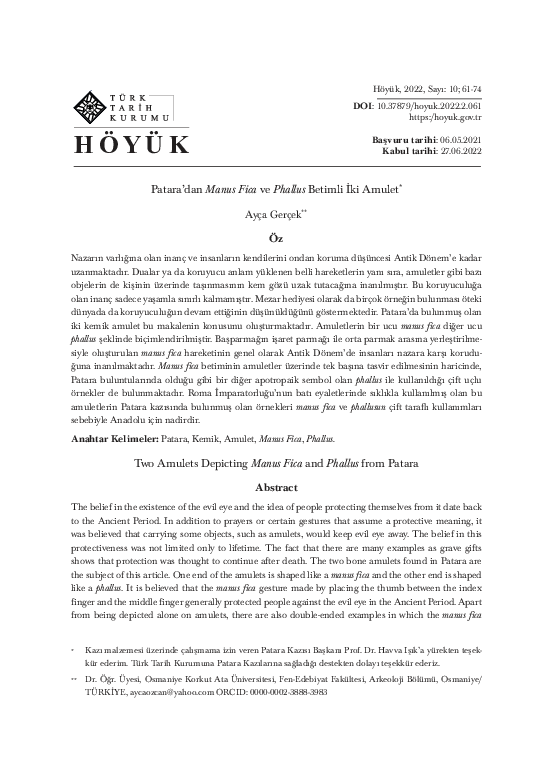 (PDF) Patara’dan Manus Fica ve Phallus Betimli İki Amulet
