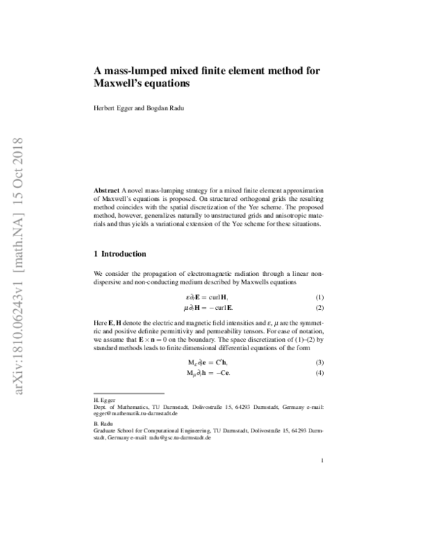 (PDF) A Mass-Lumped Mixed Finite Element Method for Maxwell’s Equations