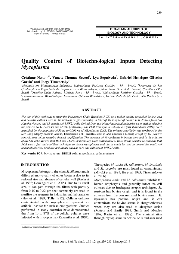 (PDF) Quality Control of Biotechnological Inputs Detecting Mycoplasma (PDF) Quality Control of Biotechnological Inputs Detecting Mycoplasma