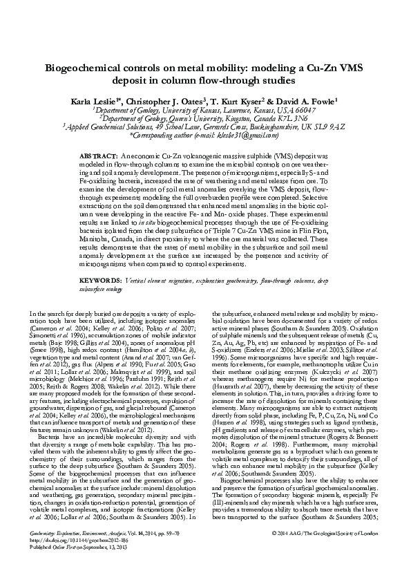 (PDF) Biogeochemical controls on metal mobility: modeling a Cu-Zn VMS deposit in column flow ...