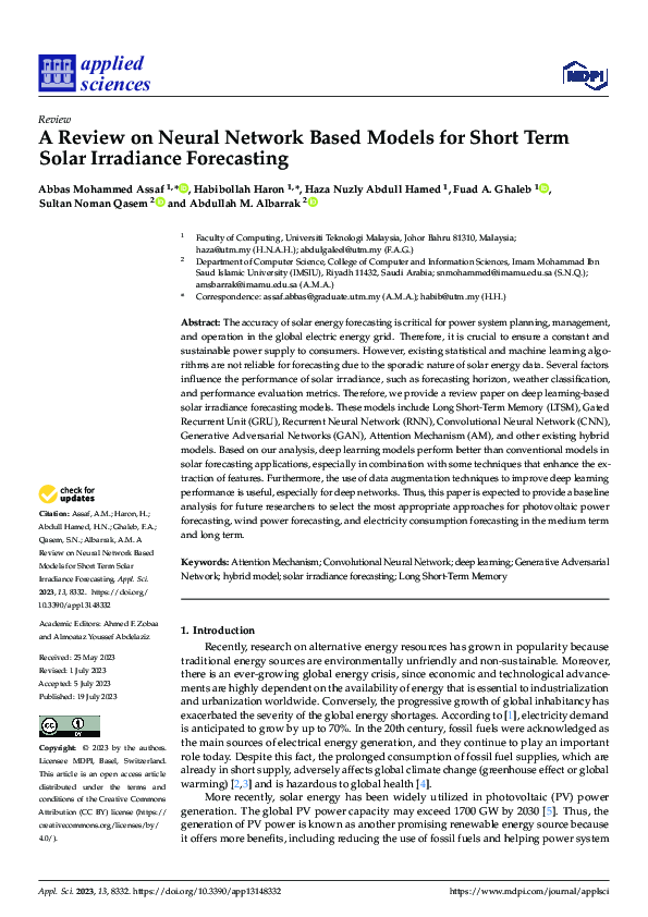 Pdf A Review On Neural Network Based Models For Short Term Solar