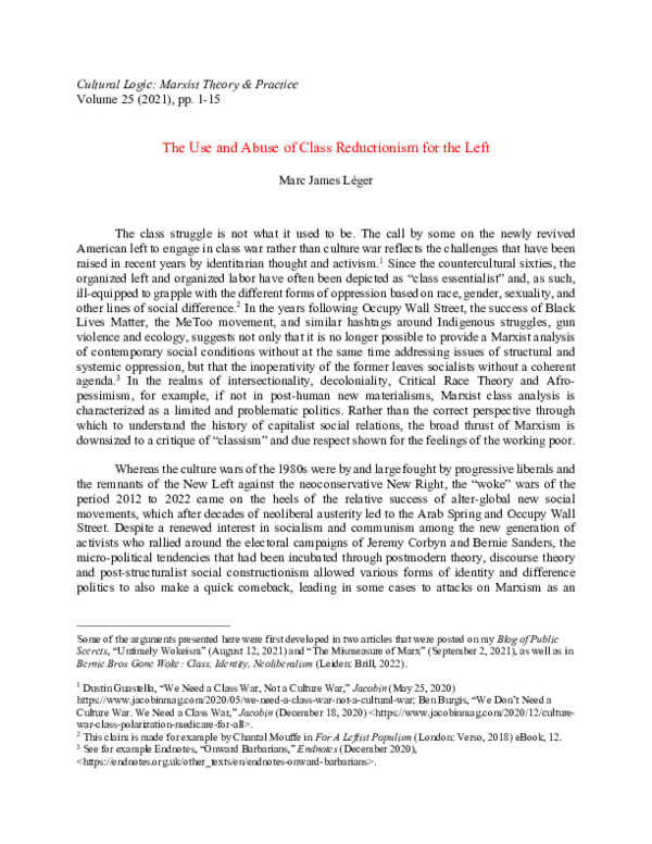 (PDF) The Use and Abuse of Class Reductionism for the Left