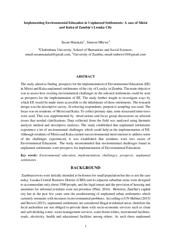 (PDF) Implementing Environmental Education in Unplanned Settlements: A ...