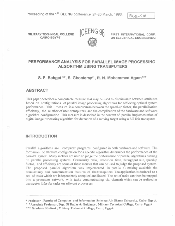 (PDF) Performance Analysis for Parallel Image Processing Algorithm Using Transputers