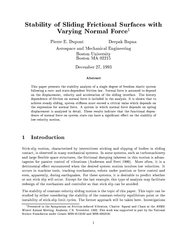 (PDF) Stability of Sliding Frictional Surfaces with Varying Normal Force