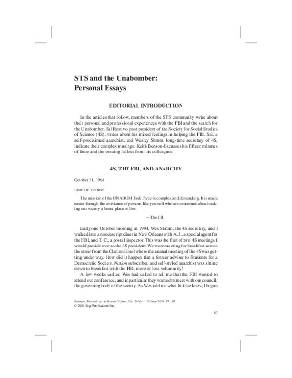 (PDF) STS and the Unabomber: Personal Essays