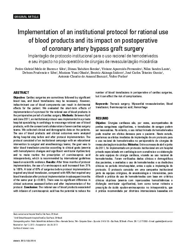 (PDF) Implementation of an institutional protocol for rational use of blood products and its ...
