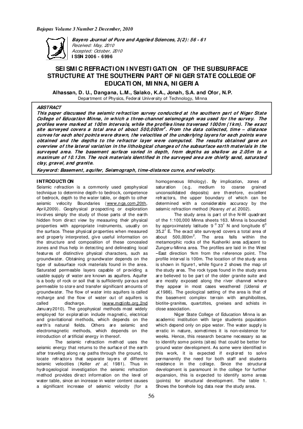 (PDF) Seismic refraction investigation of the subsurface structure at ...
