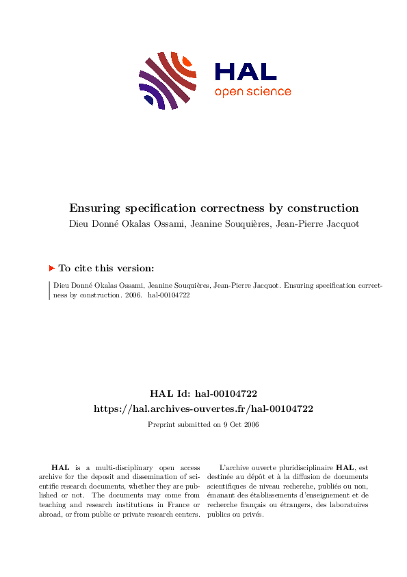 (PDF) Ensuring specification correctness by construction