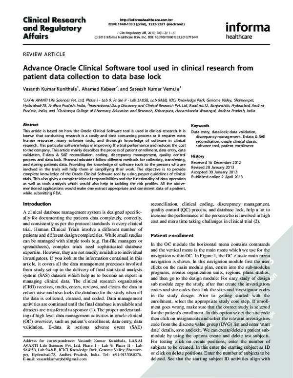 (PDF) Advance Oracle Clinical Software tool used in clinical research ...