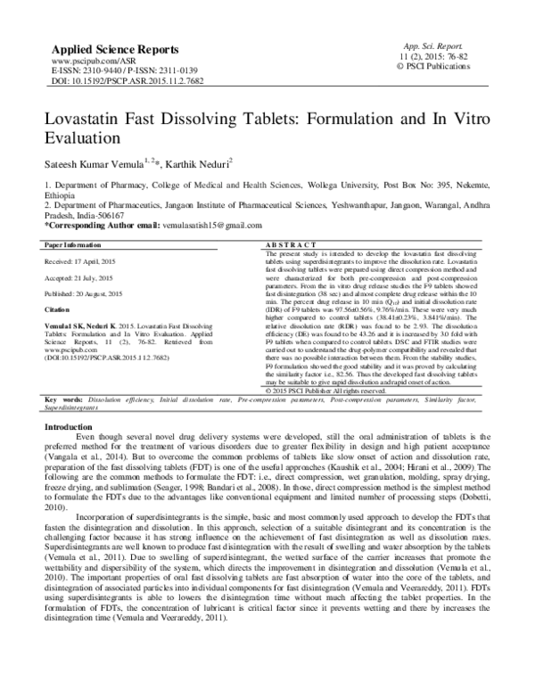 (PDF) Lovastatin Fast Dissolving Tablets: Formulation and In Vitro ...