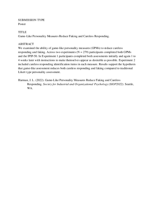 (PDF) Game-Like Personality Measures Reduce Faking and Careless Responding