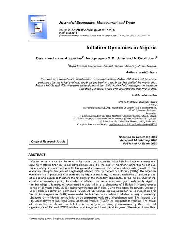 (PDF) Inflation Dynamics in Nigeria | Ozoh Joan Nwamaka - Academia.edu