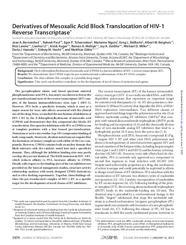 (PDF) Derivatives of Mesoxalic Acid Block Translocation of HIV-1 ...