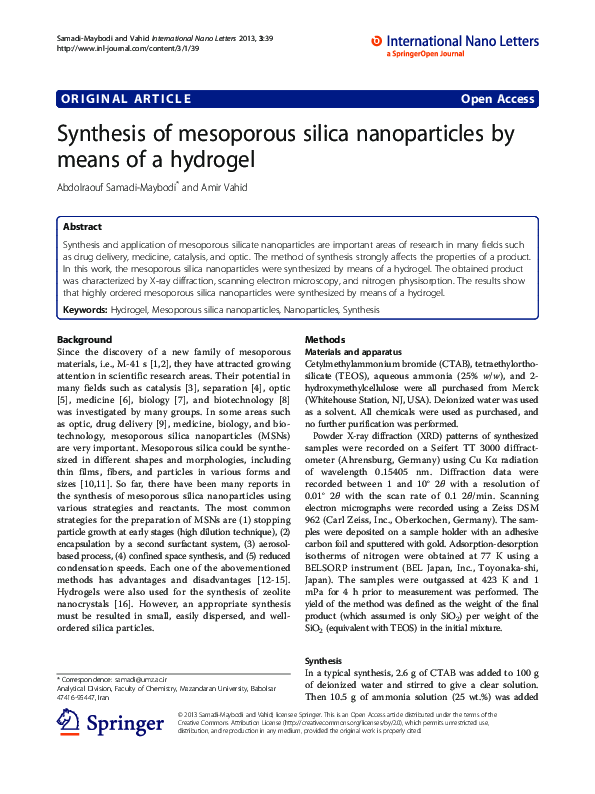 (PDF) Synthesis of mesoporous silica nanoparticles