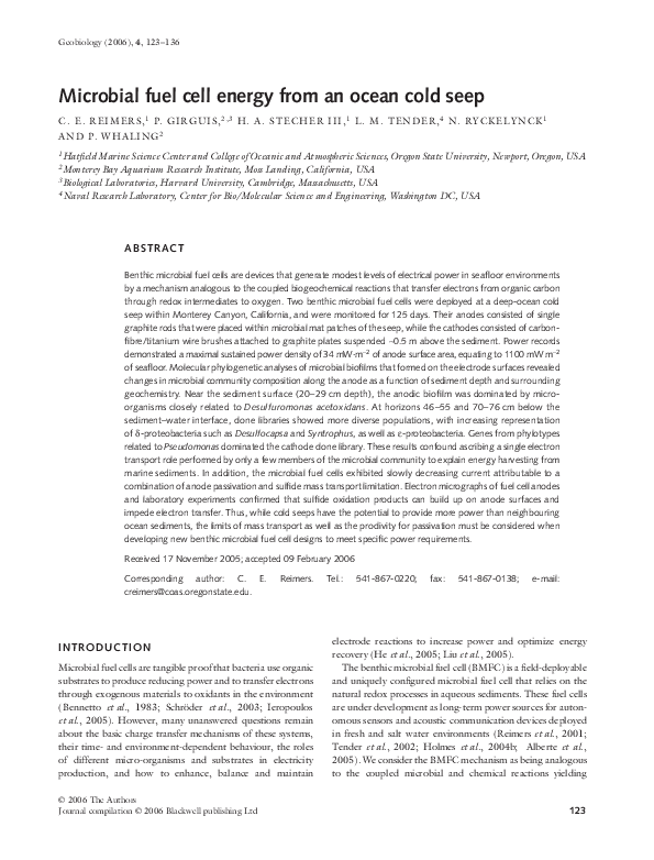 (PDF) Microbial fuel cell energy from an ocean cold seep