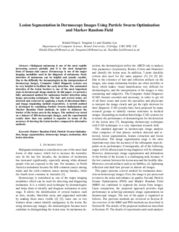 Pdf Lesion Segmentation In Dermoscopy Images Using Particle Swarm Optimization And Markov