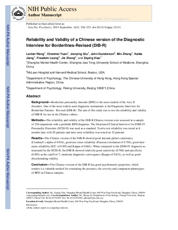 (PDF) Reliability and validity of a Chinese version of the Diagnostic Interview for Borderlines ...