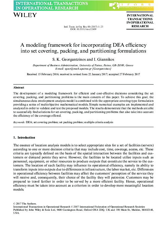 (PDF) A modeling framework for incorporating DEA efficiency into set covering, packing, and ...