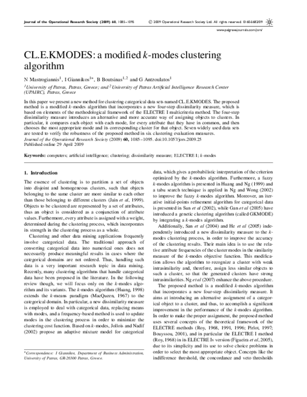 Pdf Clekmodes A Modified K Modes Clustering Algorithm