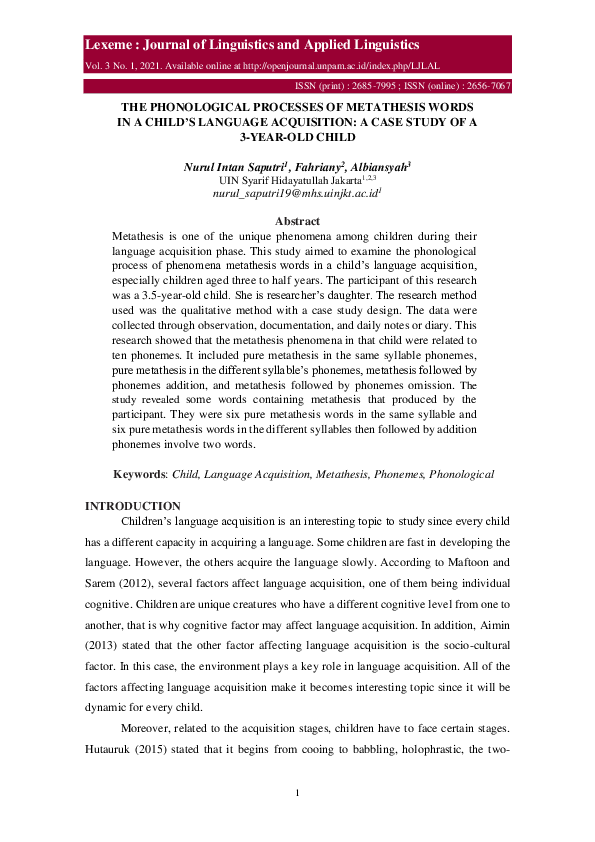 (PDF) The Phonological Processes of Metathesis Words in a Childs’ Language Acquisition: A Case ...