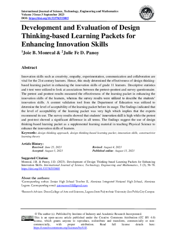 (PDF) Development and Evaluation of Design Thinking-based Learning ...