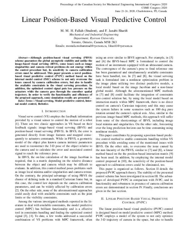 Pdf Linear Position Based Visual Predictive Control