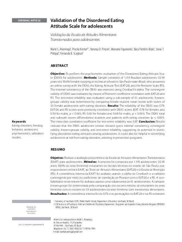 (PDF) Validation of the Disordered Eating Attitude Scale for adolescents | Fernanda Scagliusi ...