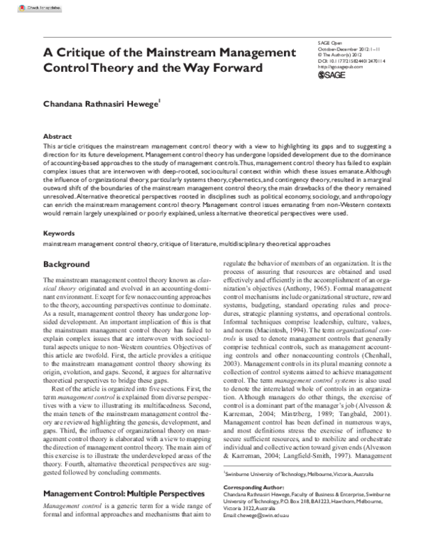 (PDF) A Critique of the Mainstream Management Control Theory and the ...