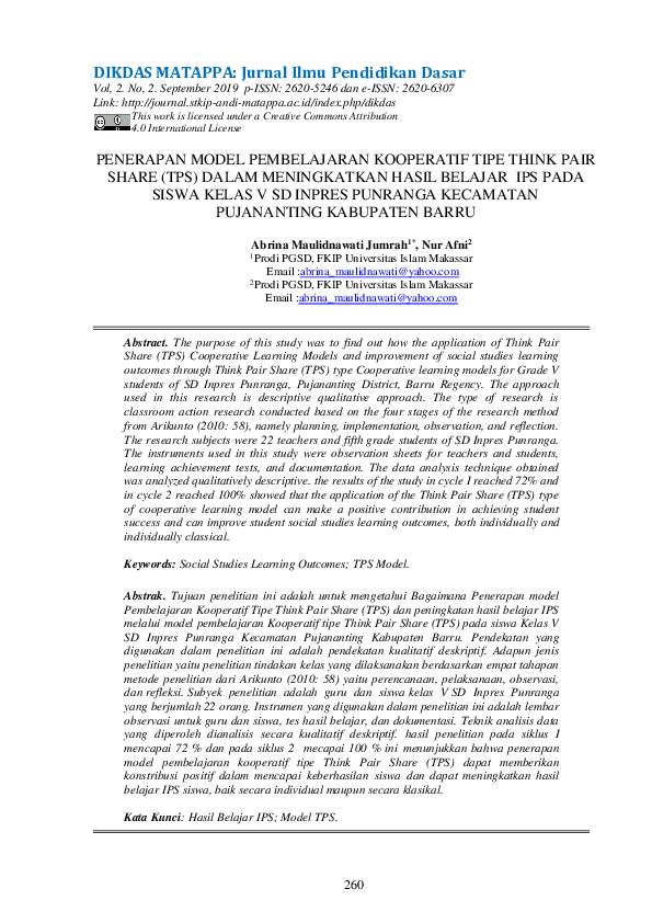 (PDF) Penerapan Model Pembelajaran Kooperatif Tipe Think Pair Share (TPS) Dalam Meningkatkan ...